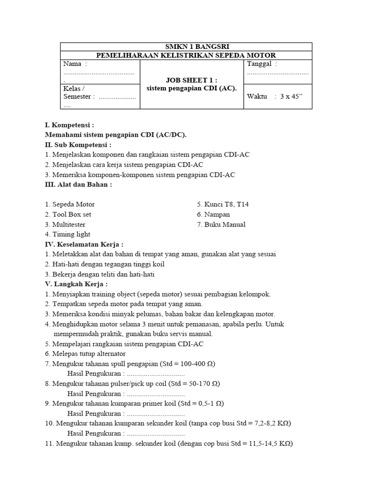 Form Jobsheet Pengapian CDI AC | PDF