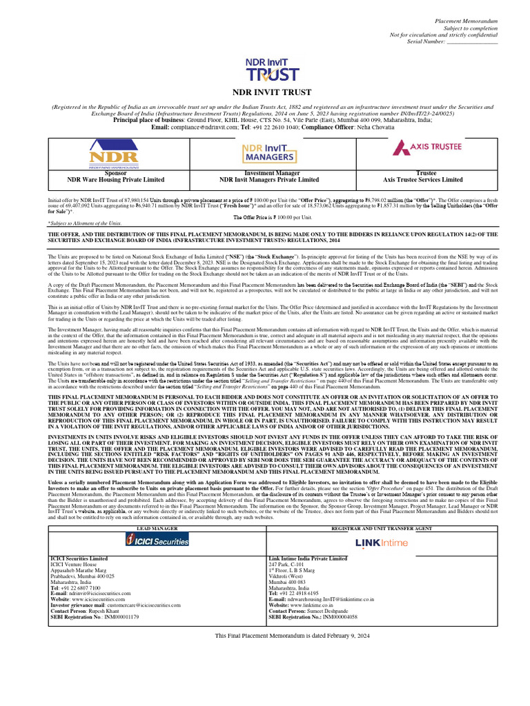 NDR Invit Final Placement - SEBI | PDF | Securities Act Of 1933 | Trust Law