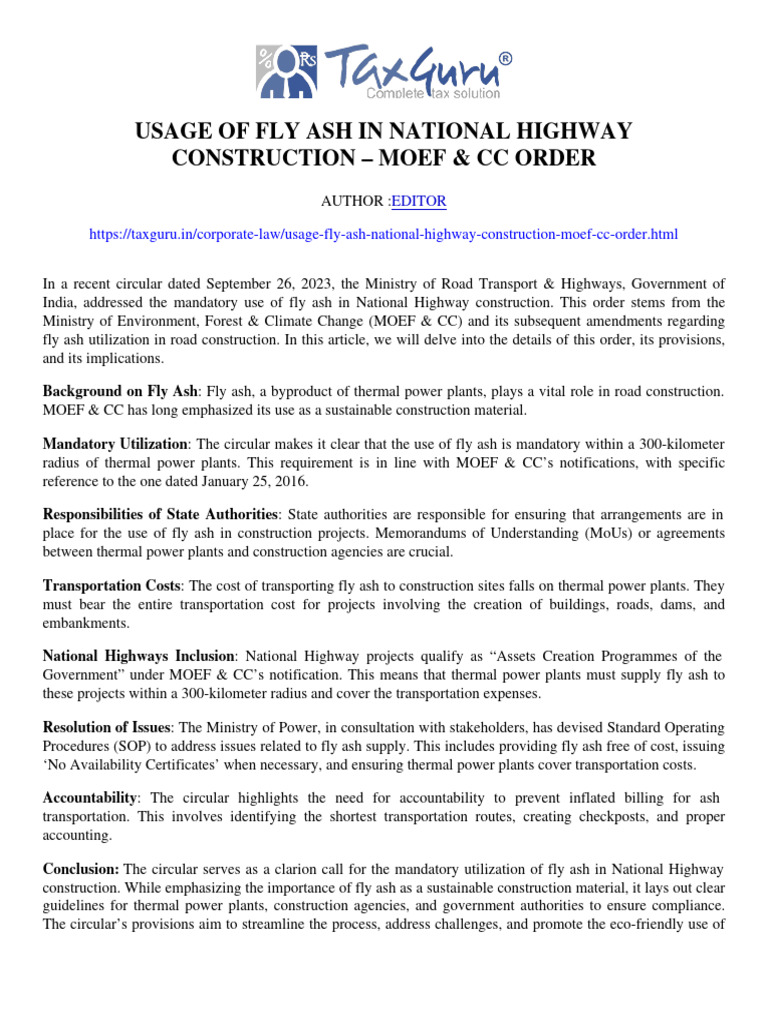 Fly Ash Mandate for National Highways | PDF | Fly Ash | Road