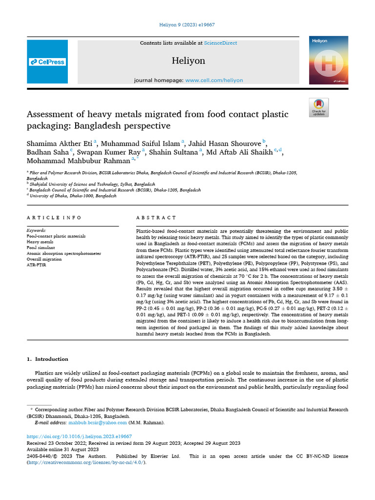Migration of HM From Pastic Packaging Bangladesh | PDF | Plastic ...