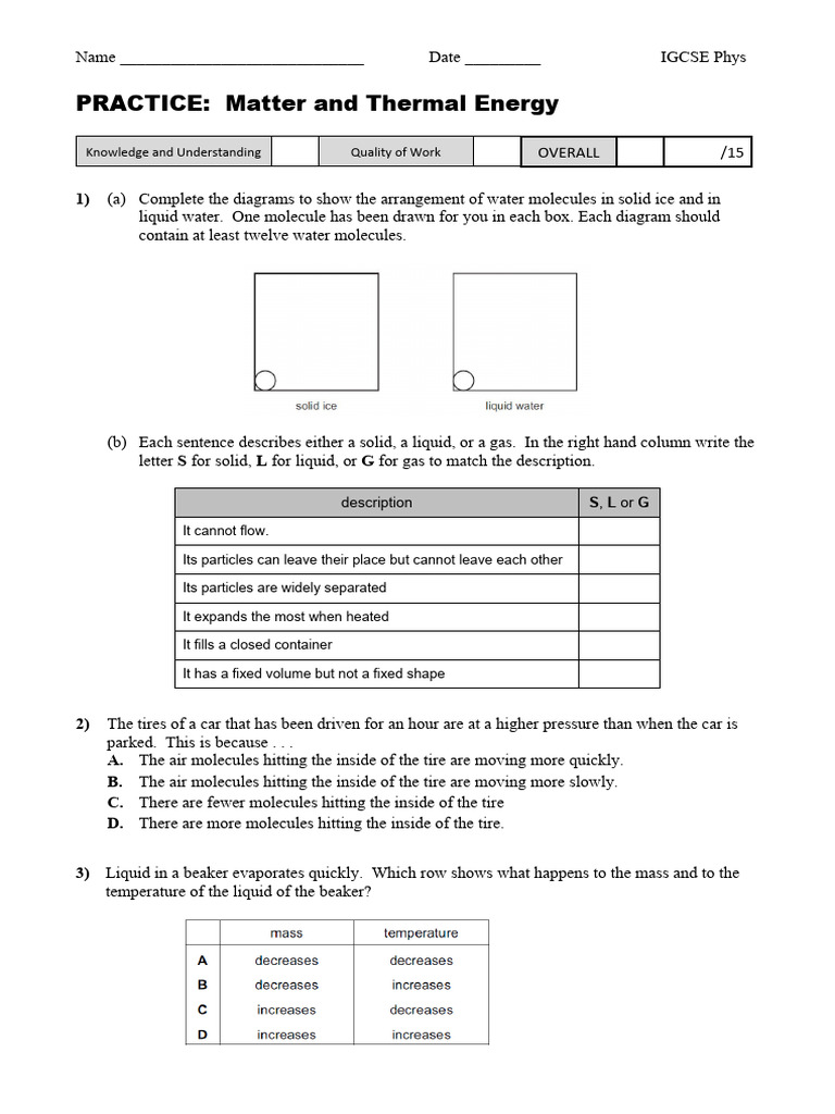 Matter and Thermal Energy Practice Worksheet | PDF | Liquids | Gases