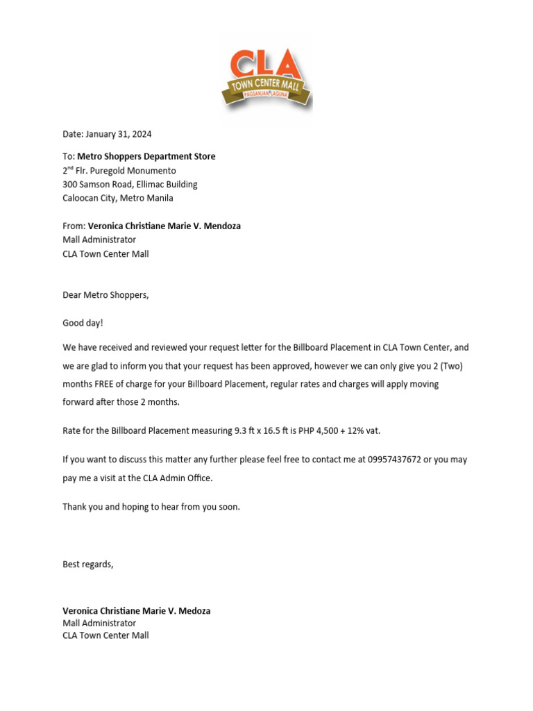 Billboard Letter | PDF | Business | Finance & Money Management