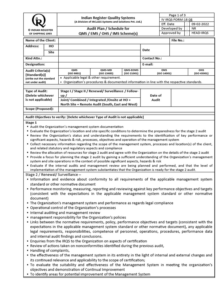 ACTIVITY 19 FORMAT Audit Plan-Schedule For QMS | PDF | Audit | Internal ...