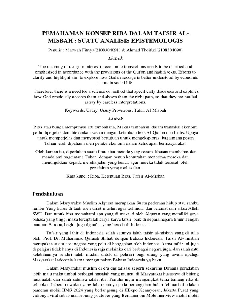 Pemahaman Konsep Riba Dalam Tafsir Al-Misbah | PDF