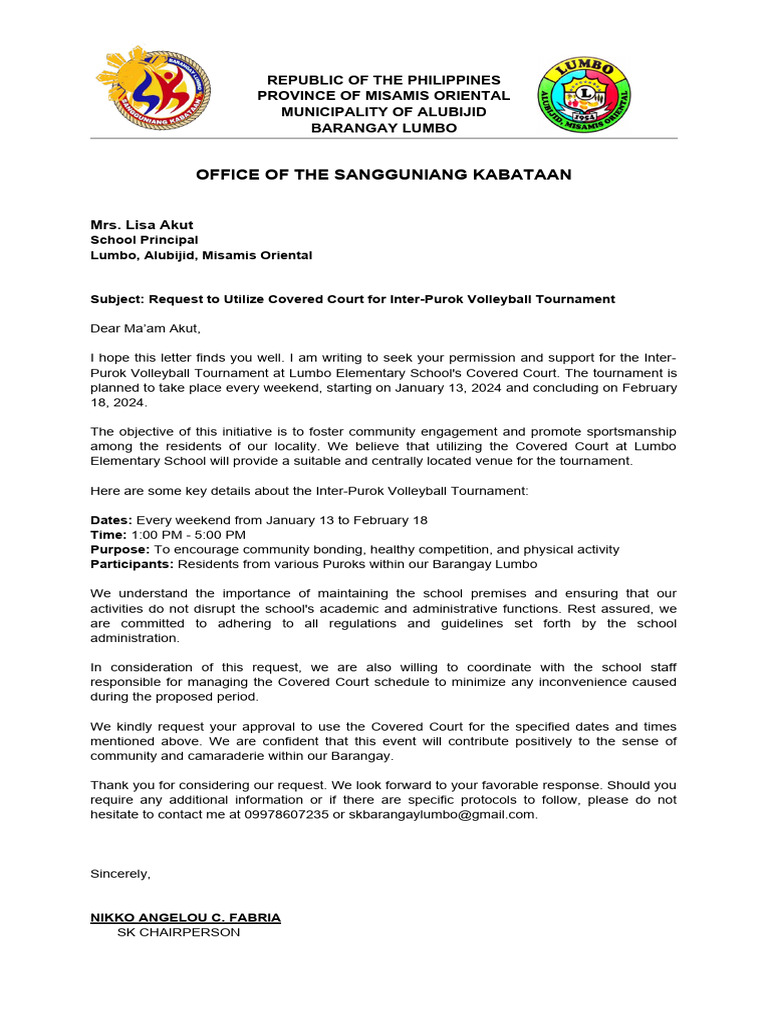 SK - Request Letter - Les - Covered Court | PDF | Sports & Recreation