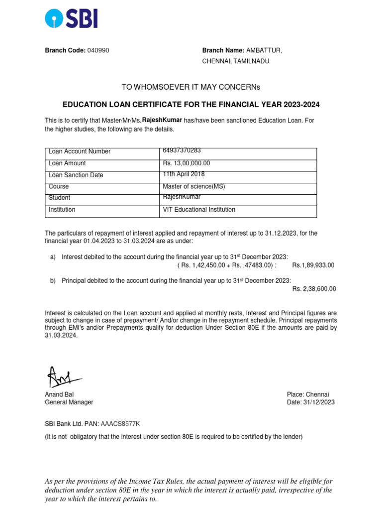Education - Loan - Certificate Fy23 - 24 | PDF | Finance & Money Management
