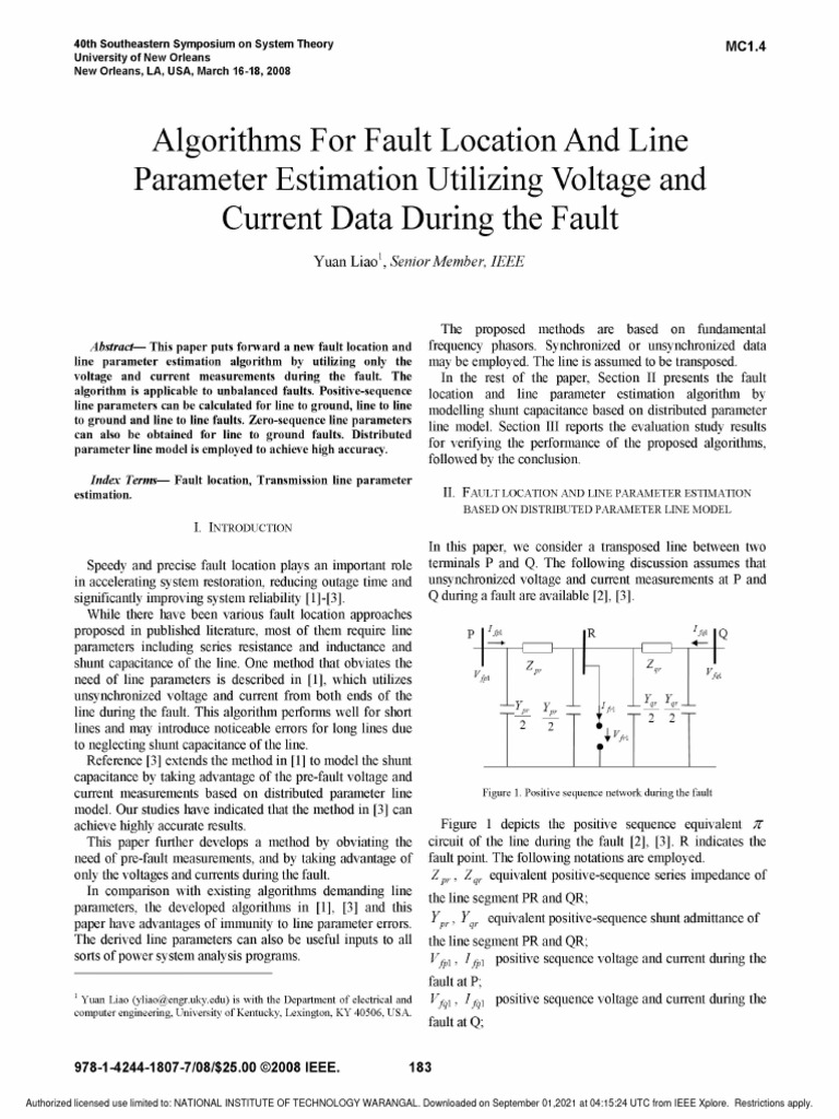 Algorithms For Fault Location And Line Parameter Estimation Utilizing Voltage And Current Data