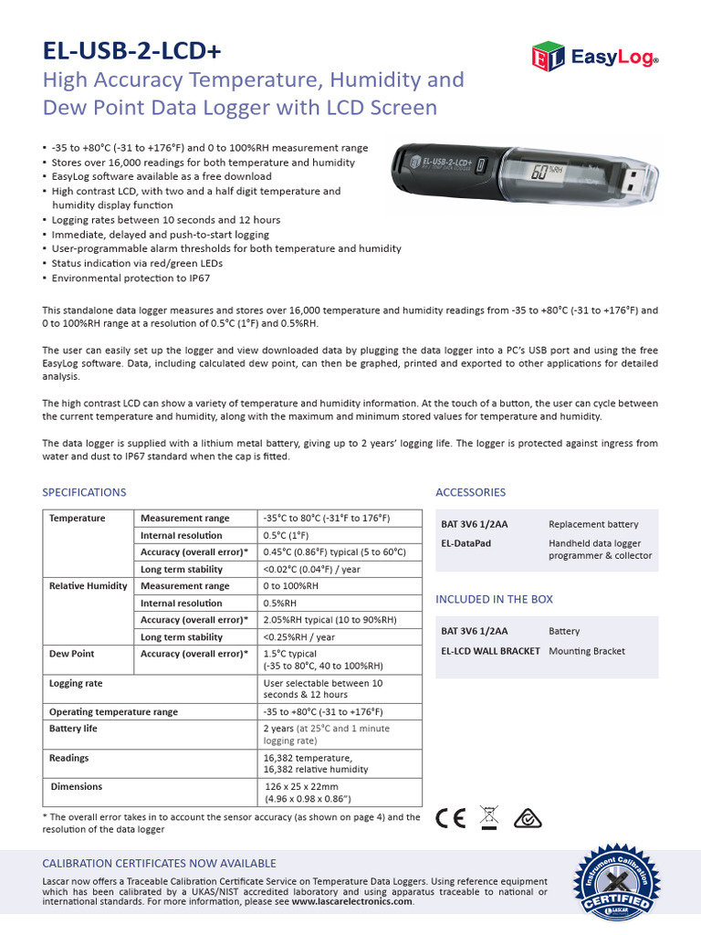 LASCAR EL-USB-2-LCD+ Data Logger | PDF | Humidity | Lithium Ion Battery LASCAR EL-USB-2-LCD+ Data Logger | PDF | Humidity | Lithium Ion Battery