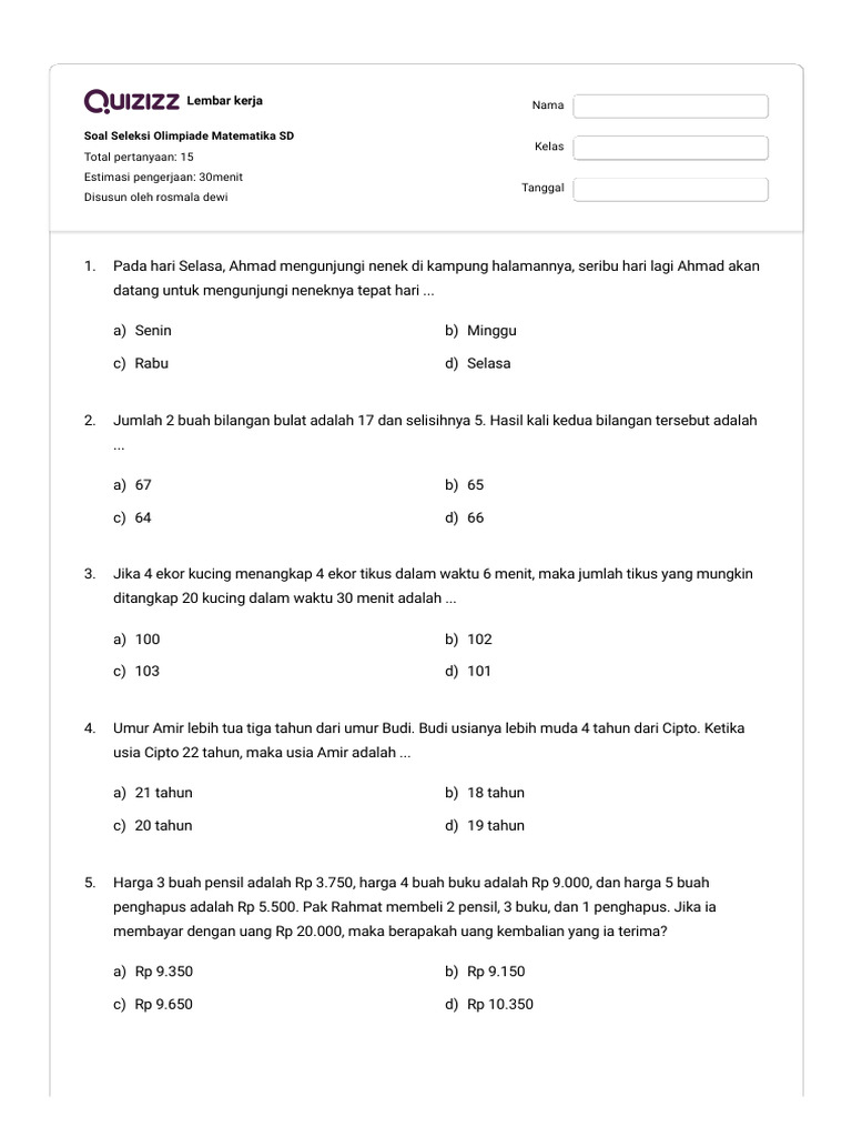 Soal Seleksi Olimpiade Matematika SD - Quizizz | PDF | Metode & Bahan Ajar