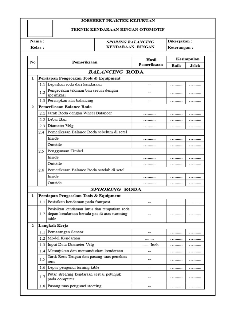 Job Sheet Spooring Balancing Roda WORD | PDF