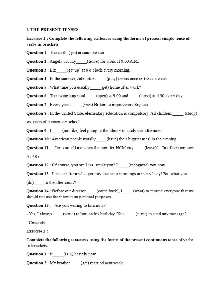 Present Tenses Homework | PDF | Question