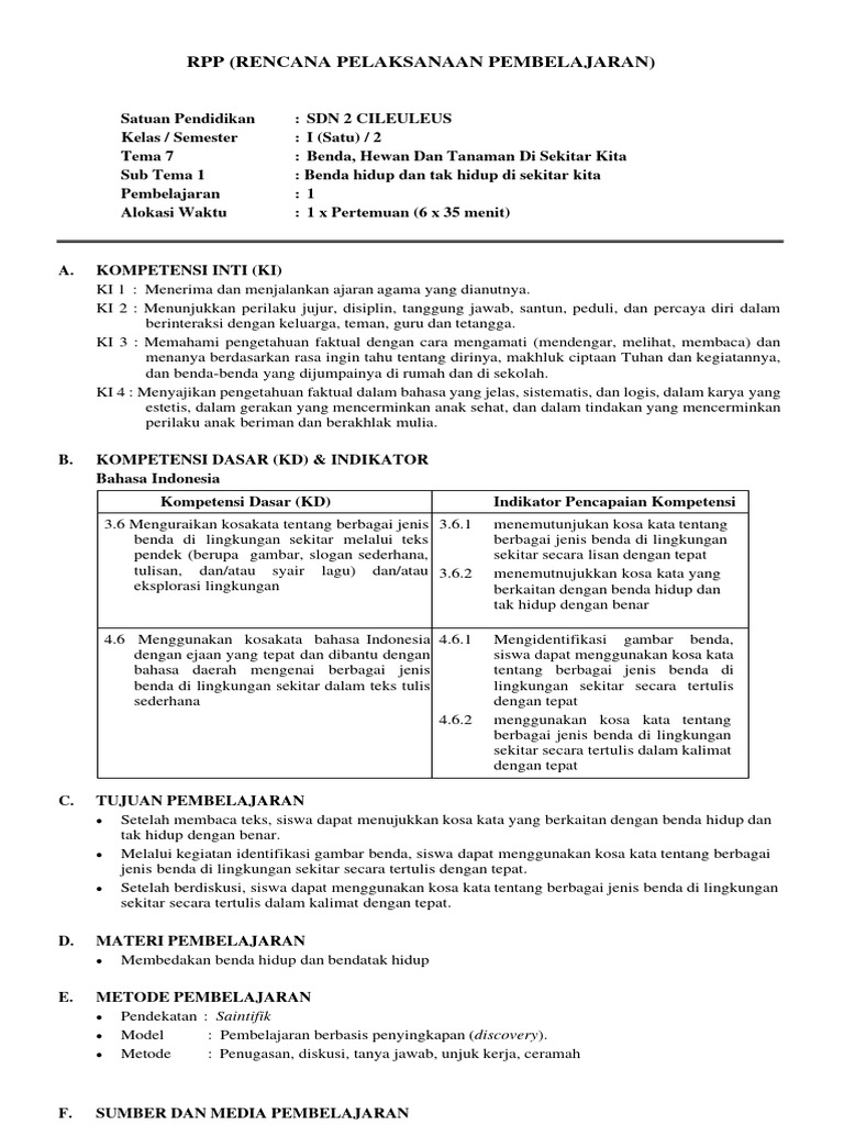 RPP Kelas 1: Benda Hidup & Tak Hidup | PDF