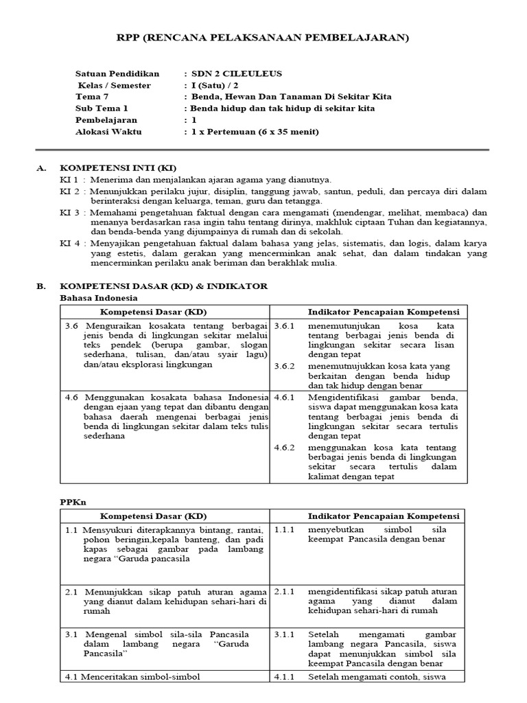 RPP Kelas 1 Tema 7 | PDF