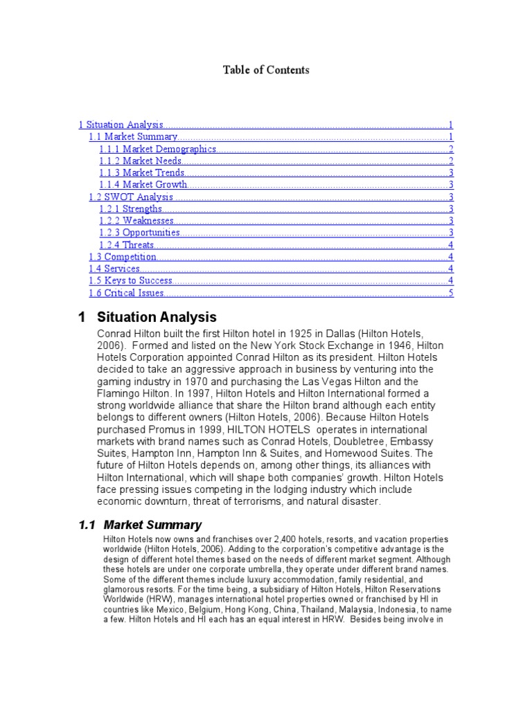 Hilton Hotels Market and SWOT Analysis | PDF | Hilton Worldwide | Hotel