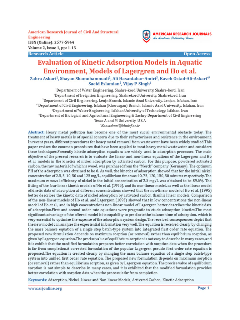 Evaluation of Kinetic Adsorption Models | PDF