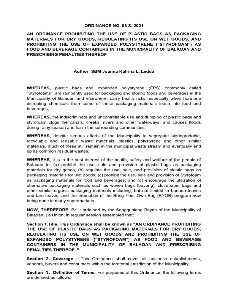 Draft Ordinance - Plastics Edited | PDF | Polystyrene | Reuse