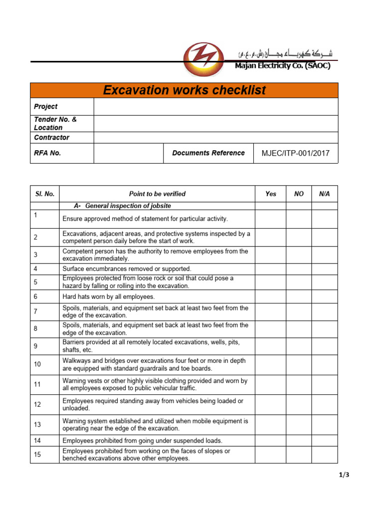 1 - Excavation Work Checklist | PDF | Occupational Safety And Health ...