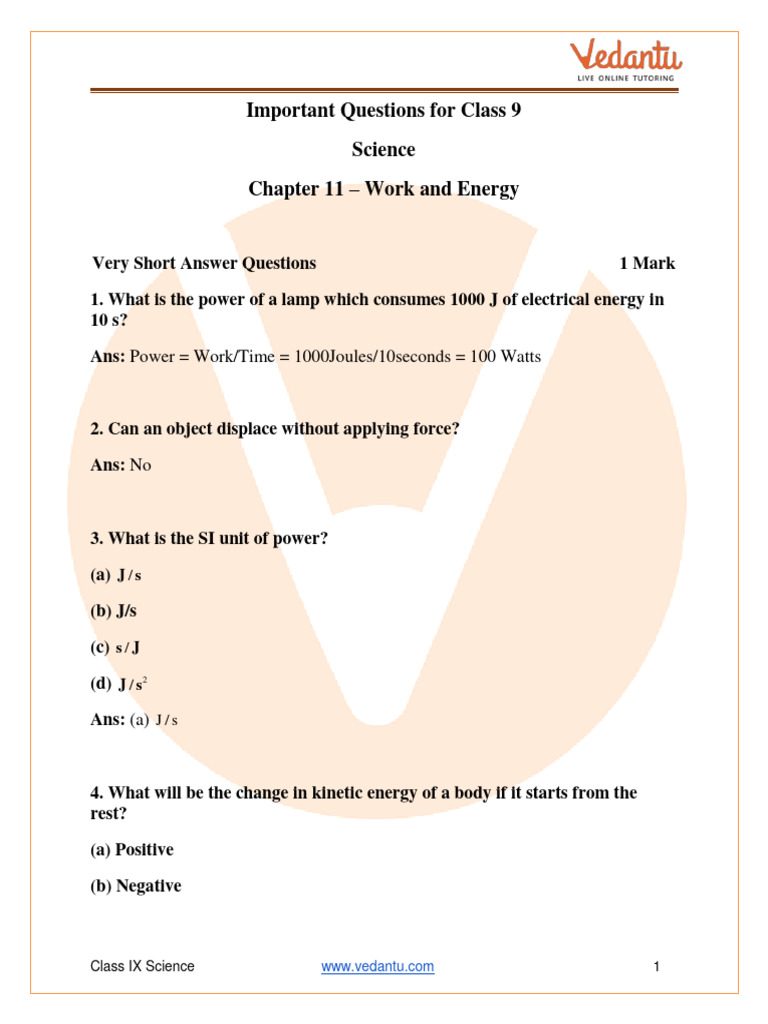 CBSE Class 9 Science Chapter 11 - Work and Energy Important Questions 2023-24 | PDF | Kinetic ...