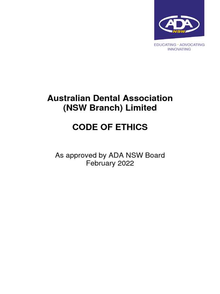 ADA NSW Code of Ethics 2022 | PDF | Medical Ethics | Dentistry