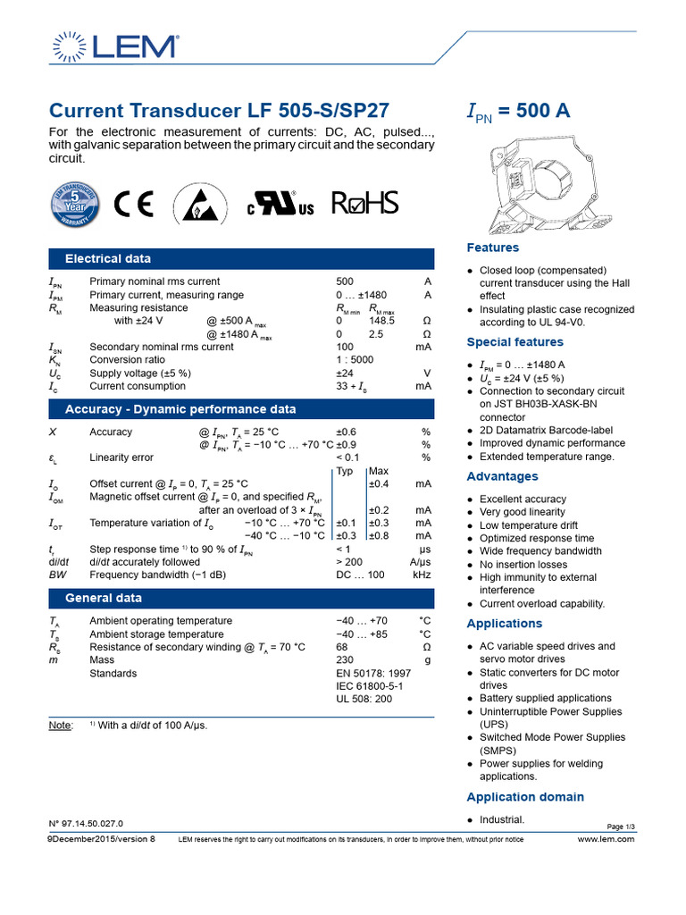 Current Transducer LF 505-S/SP27 Specs | PDF | Power Supply | Insulator ...