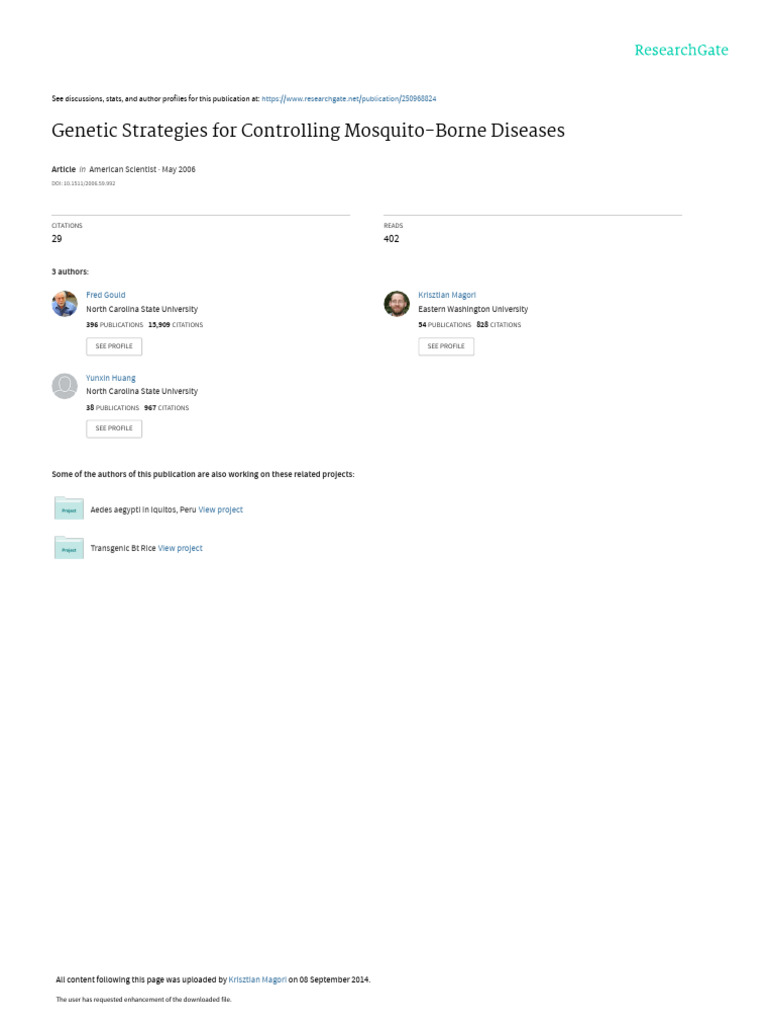 Genetic Strategies For Controlling Mosquito-Borne | PDF | Malaria | Genetically Modified Organism