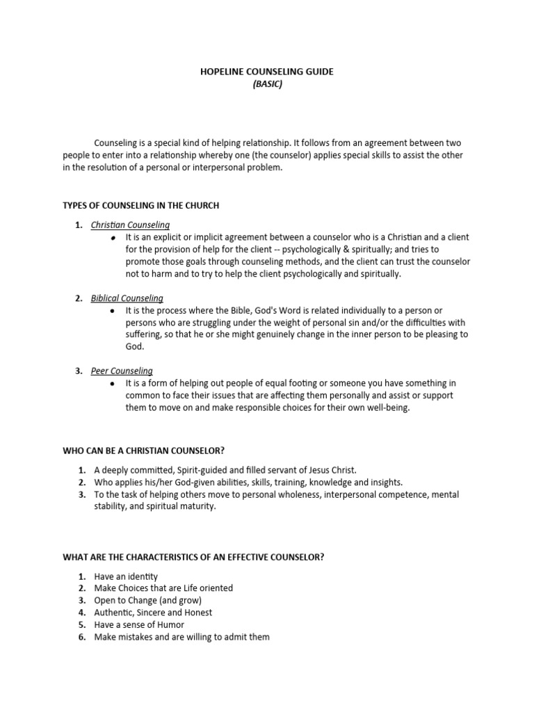 Hopeline Counseling Guide Basic | PDF | Psychotherapy | Nonverbal ...