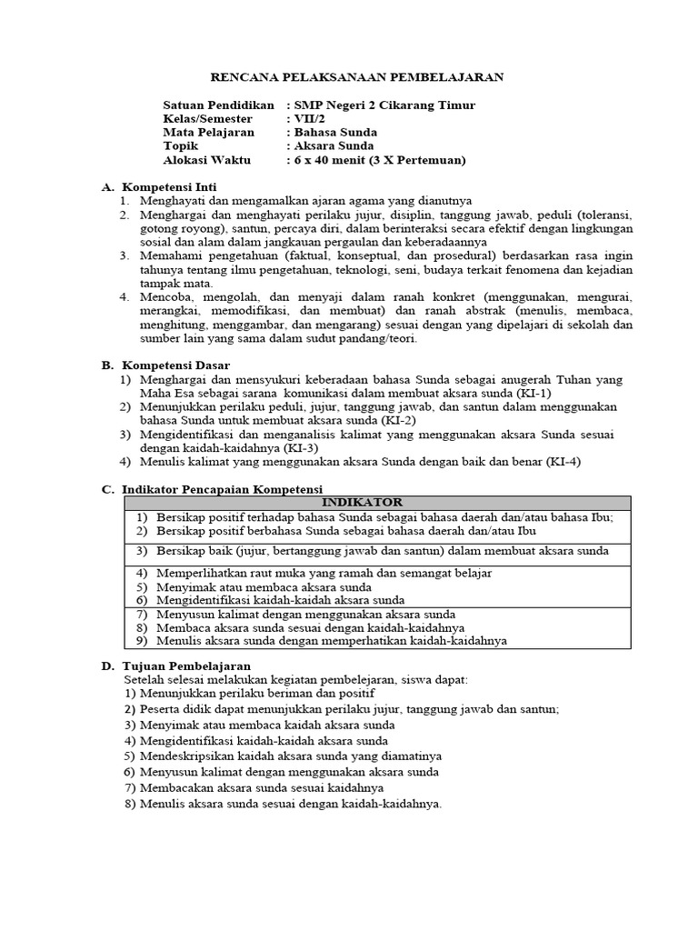 RPP Aksara Sunda Kelas 7 Sem 2 | PDF