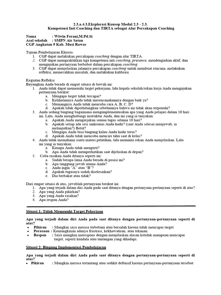 Eksplorasi Konseprefleksi Diri Modul Coaching Dan TIRTA Sebagai Alur Percakapan Coaching | PDF