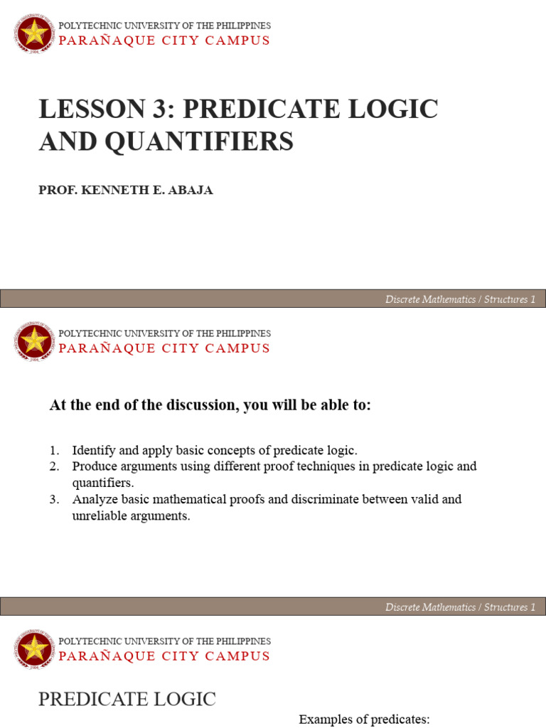 Lesson 3 Predicate Logic And Quantifiers Pdf First Order Logic Logic