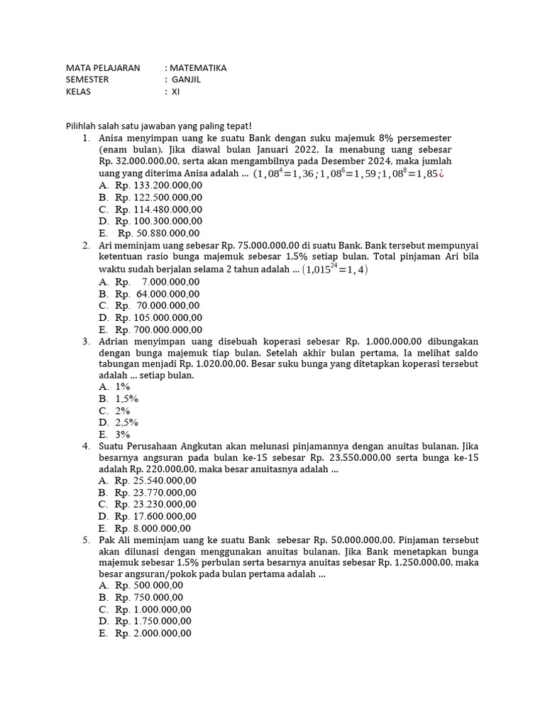 Soal Matematika Kelas XI Semester Ganjil | PDF