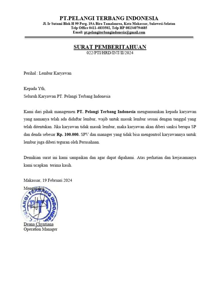 Surat Lembur Karyawan PT Pelangi Terbang | PDF