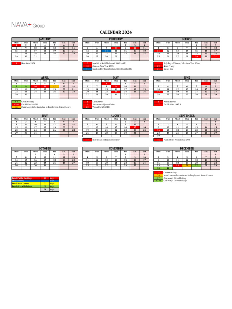 NAVA+ Calendar Holidays 2024 | PDF | Public Holiday | Observances