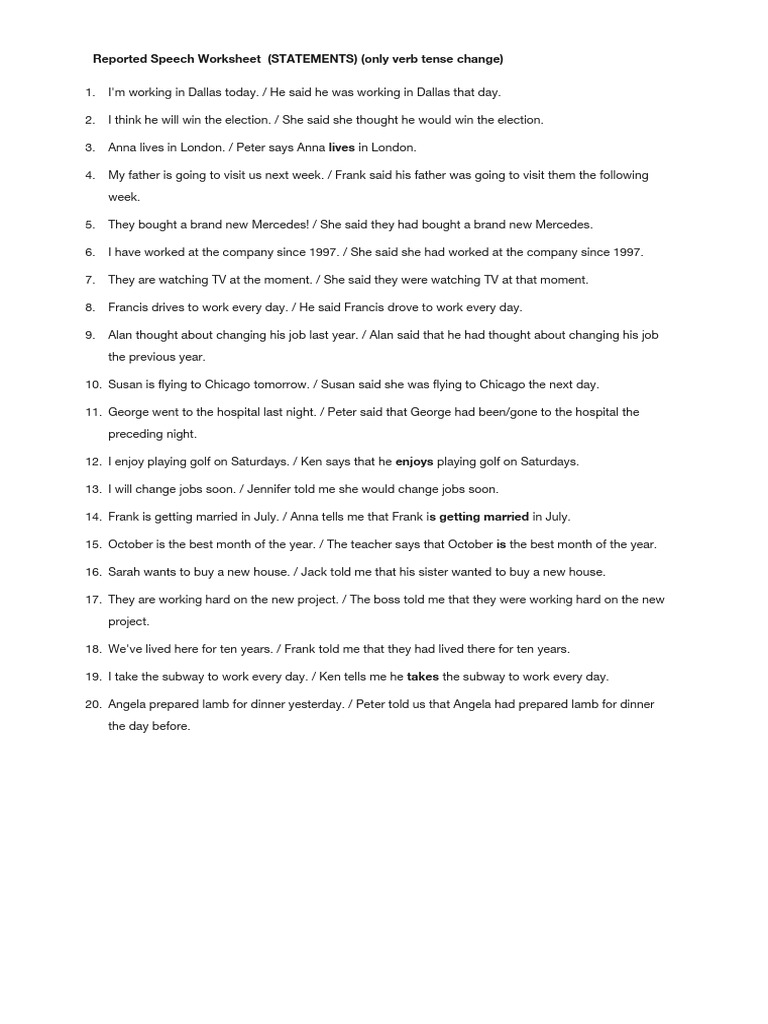 Reported Speech Worksheet (Verb Tense Change, STATEMENTS and Questions ...