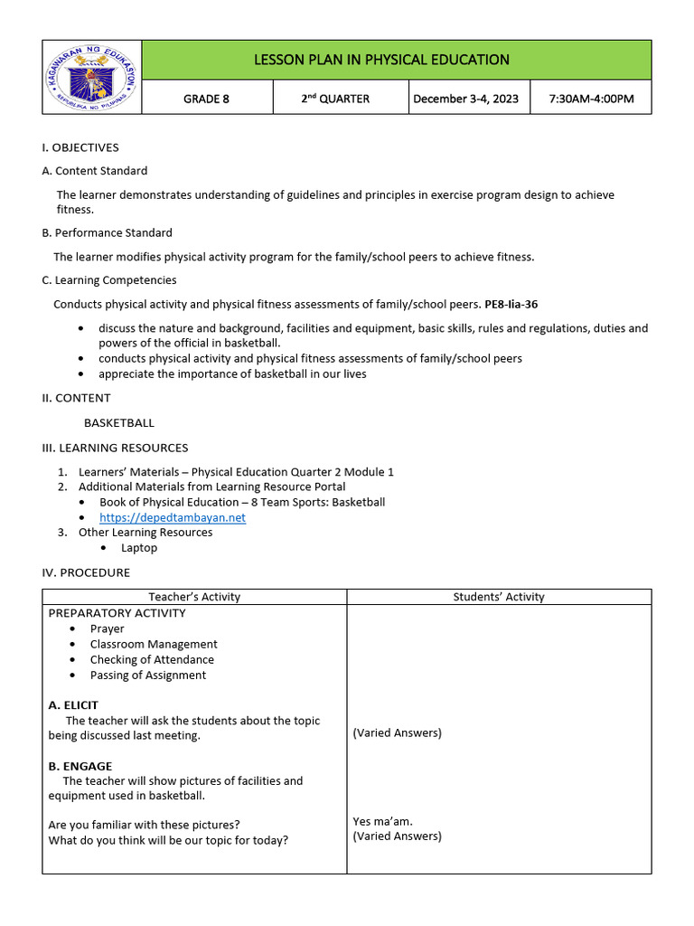 GRADE 8 1-3-4 Basketball | PDF | Learning | Physical Education