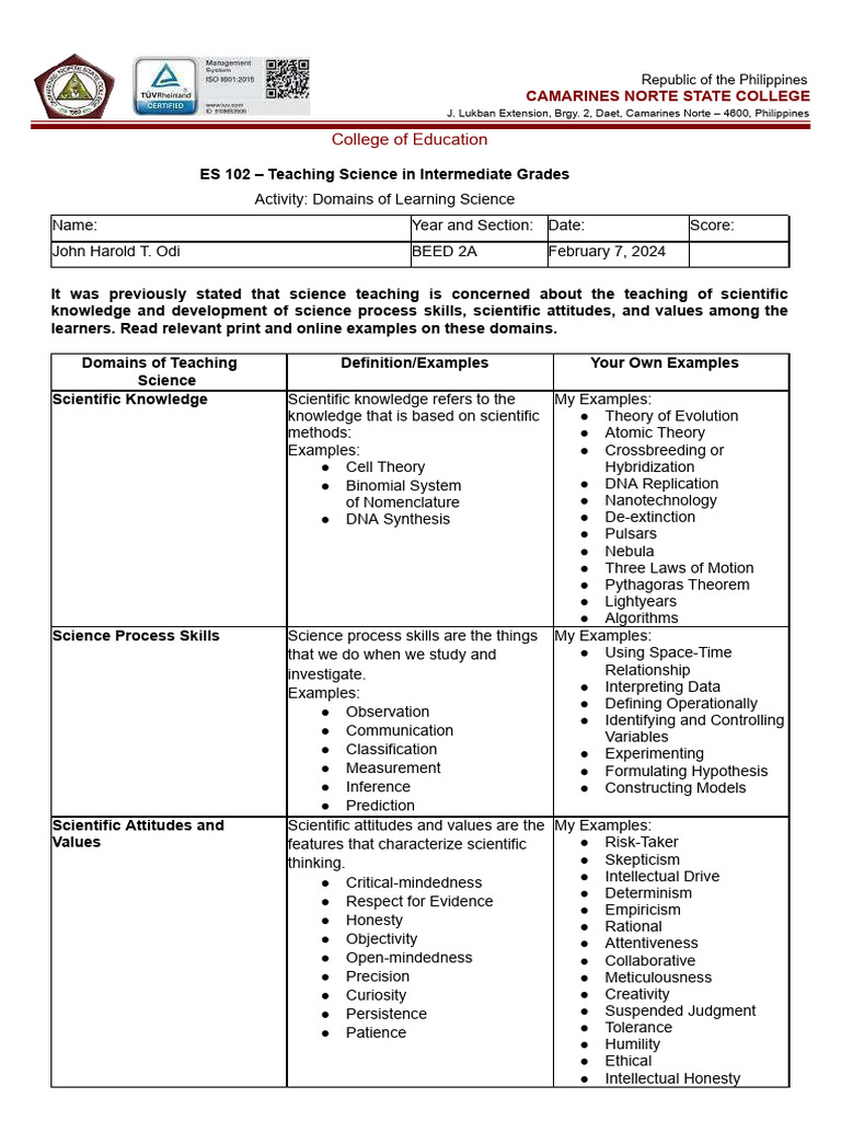 ES 102-Act-Domains-of-Learning-Odi, John Harold T.-BEED 2A | PDF | Science | Theory