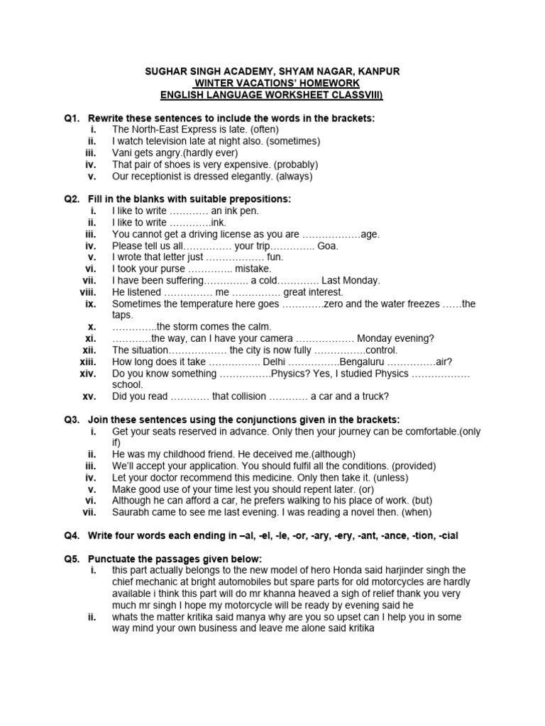 Eng Language Worksheet - Class Viii | PDF | Linguistics | Languages