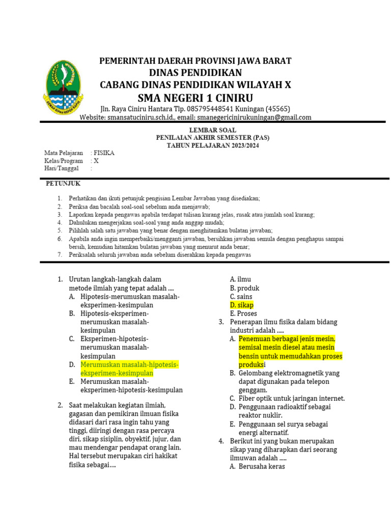 Soal Pas Fisika Kelas X Kurmer | PDF | Metode & Bahan Ajar | Seni