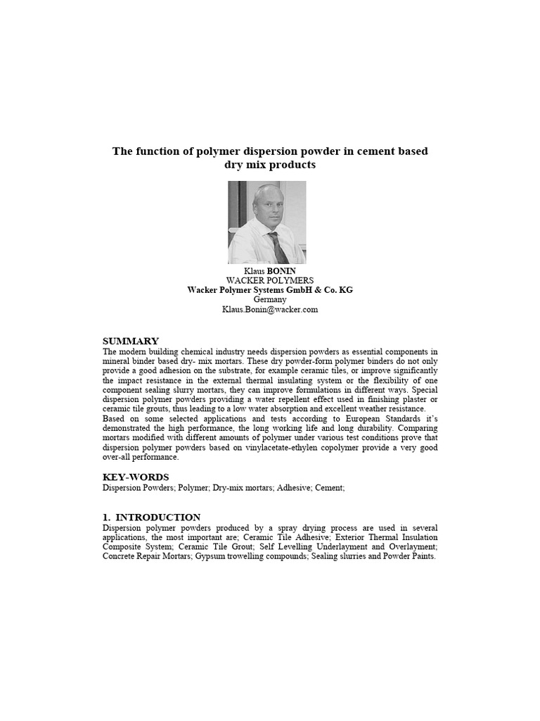 Polymer Dispersion Powder in Cement Based Wacker | PDF | Cement ...