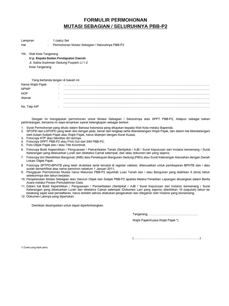 Permohonan Mutasi PBB-P2 Tangerang | PDF | Pengelolaan Keuangan & Uang