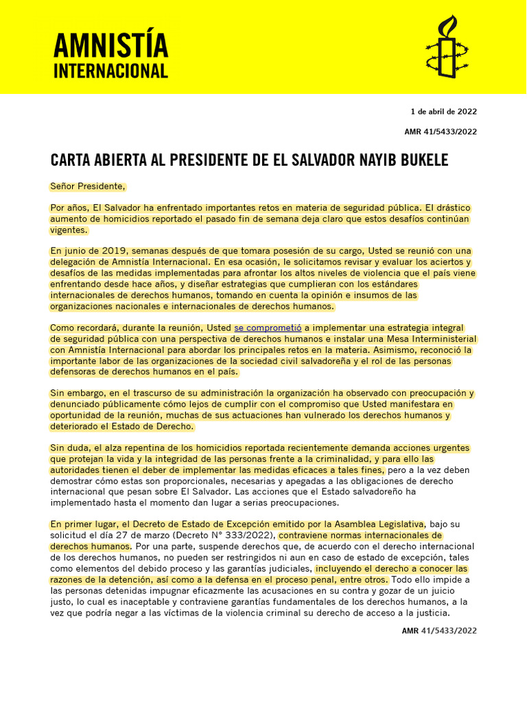 Carta Abierta EL SALVADOR - Subrayada | PDF | Debido al proceso ...