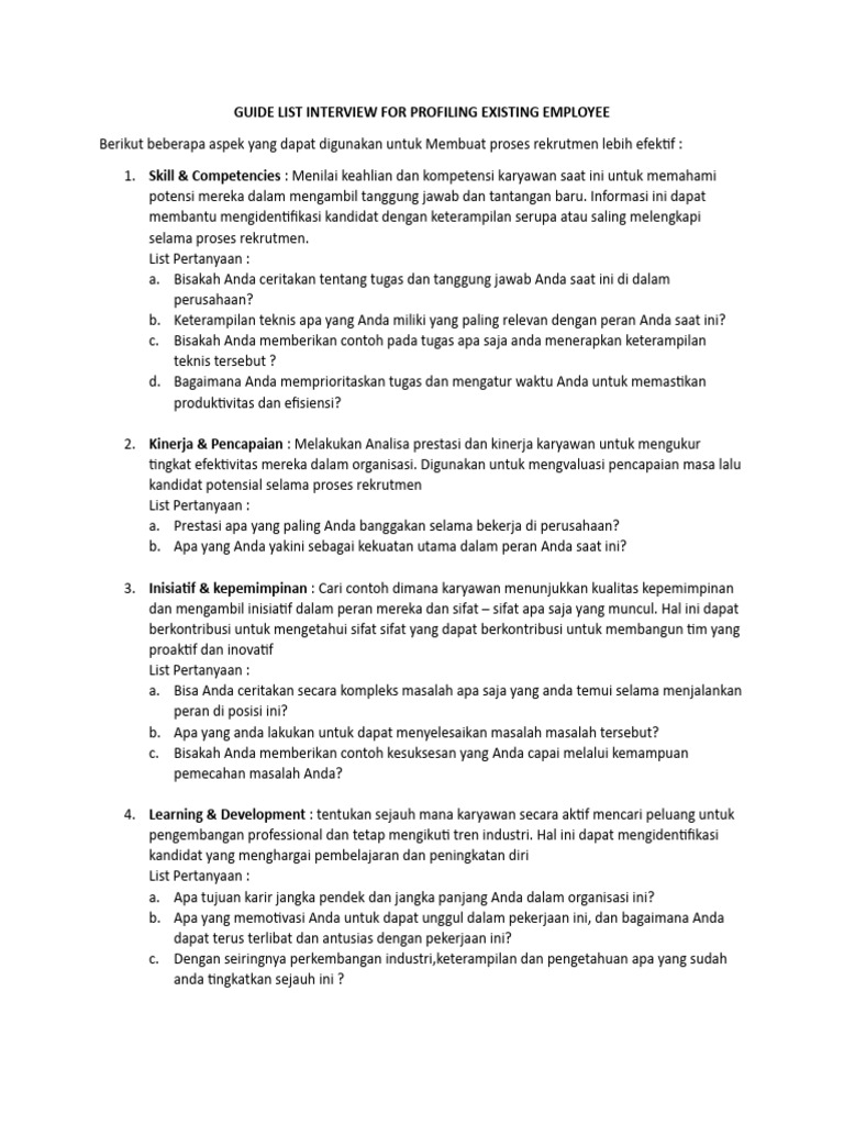 Guide List Interview For Profiling Existing Employee | PDF