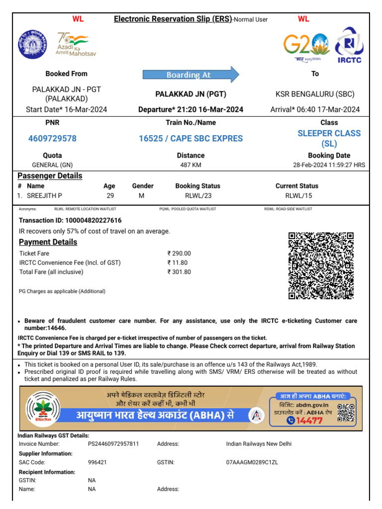 Cape SBC Expres Sleeper Class (SL) : WL WL | PDF | Identity Document