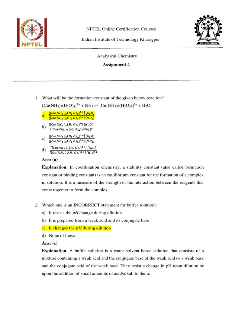 NPTEL'AC'23'Assignment 4 | PDF | Titration | Chemistry