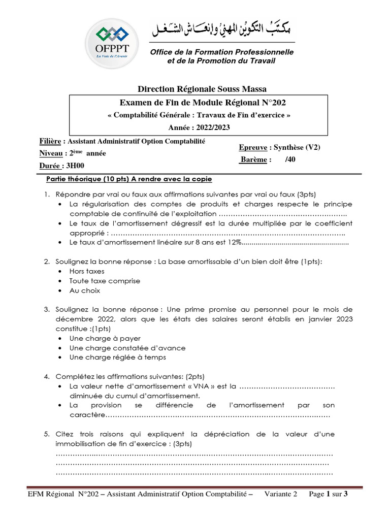 Efm Regional v2 Travaux de Fin D'exercice Aaopc | PDF | Dépréciation | Services financiers