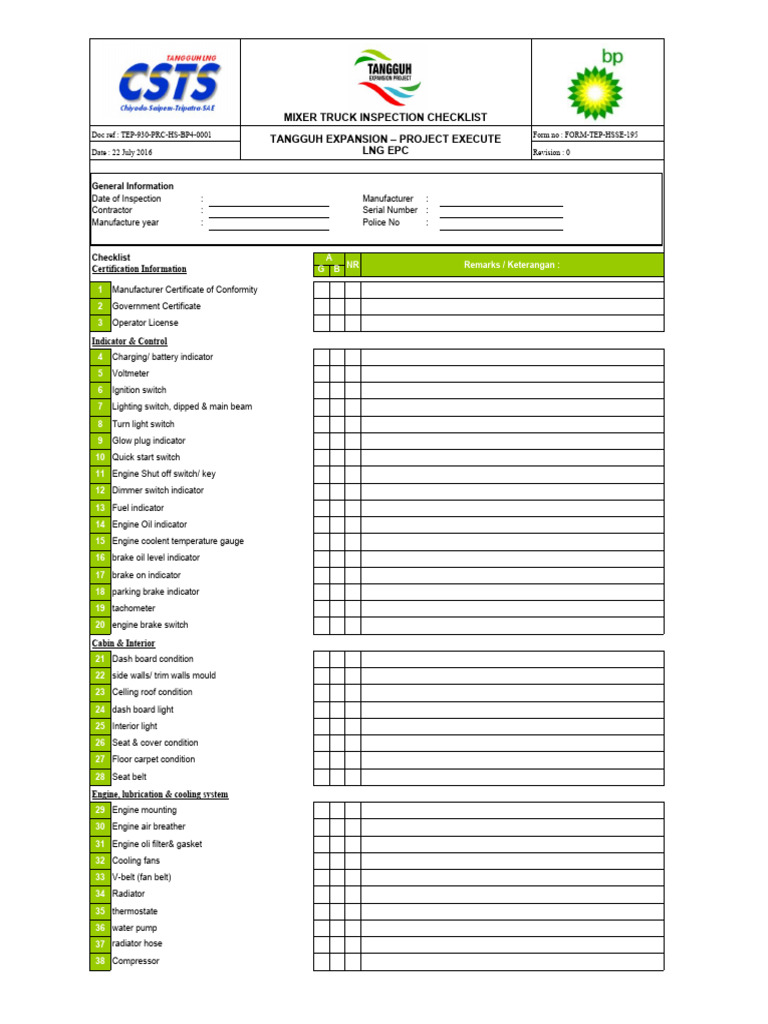 Checklist Mixer Truck | PDF | Clutch | Steering