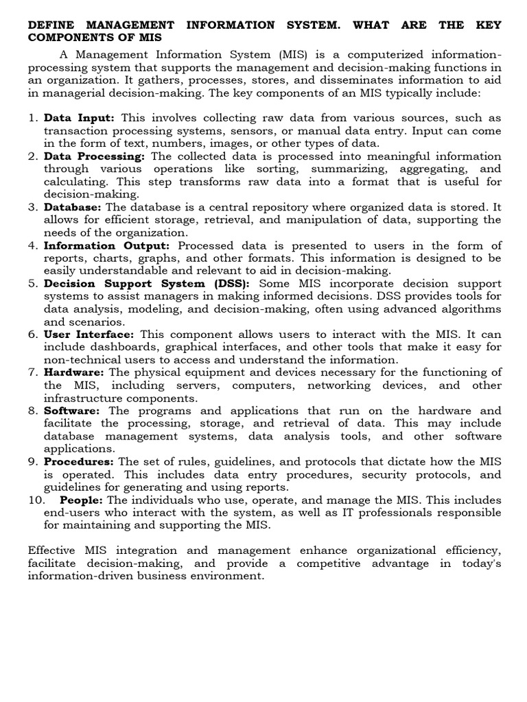 Define Management Information System. What Are The Key Components of ...