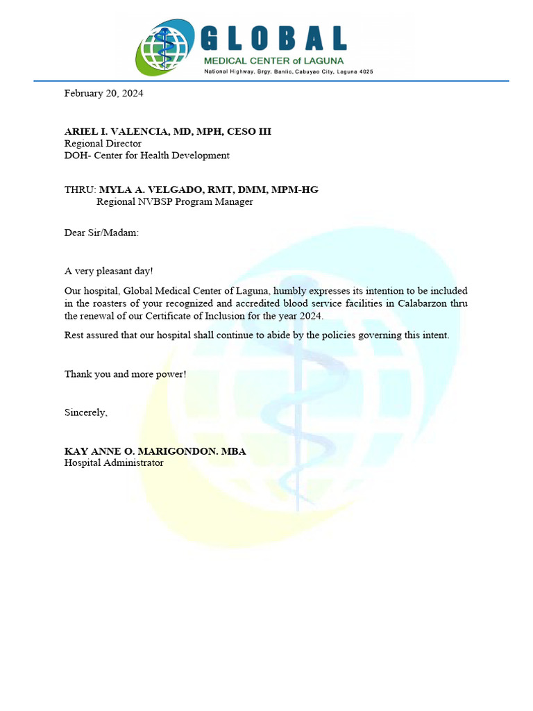 LETTER OF INTENT - BLOOD Service Facilities | PDF