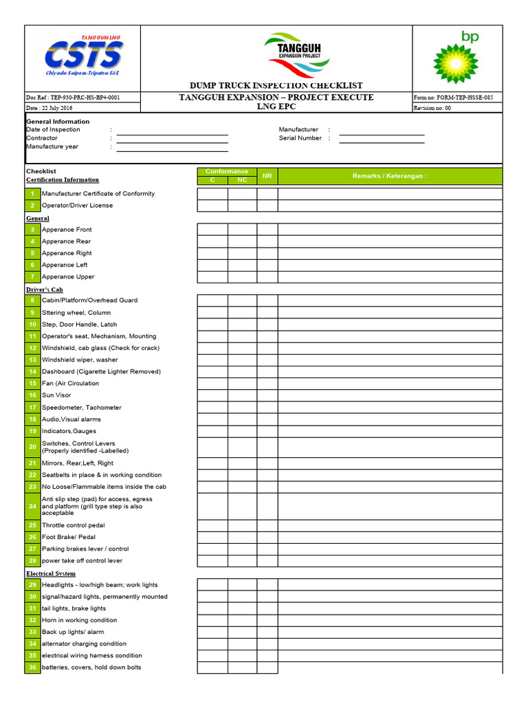 Checklist Dump Truck Download Free Pdf Axle Truck