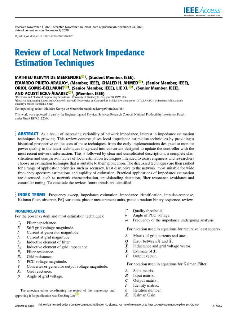 De Meerendre Etal IEEE Access 2020 Review of Local Network Impedance Estimation Techniques | PDF ...