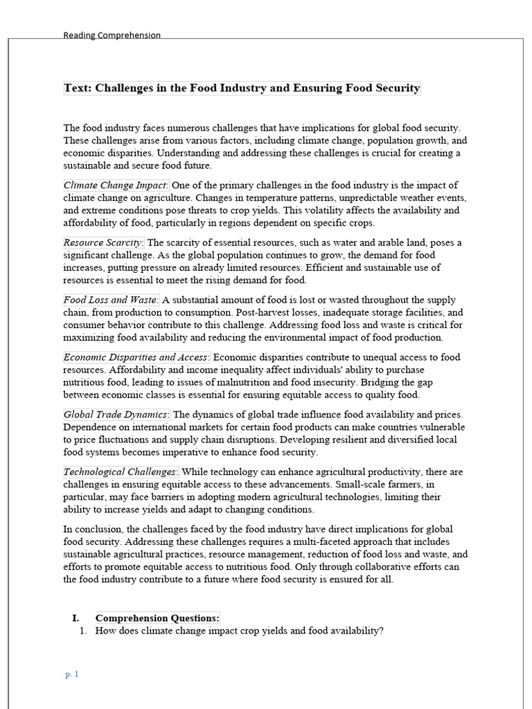 Reading Comprehension - Food Industry and Security | PDF | Food ...